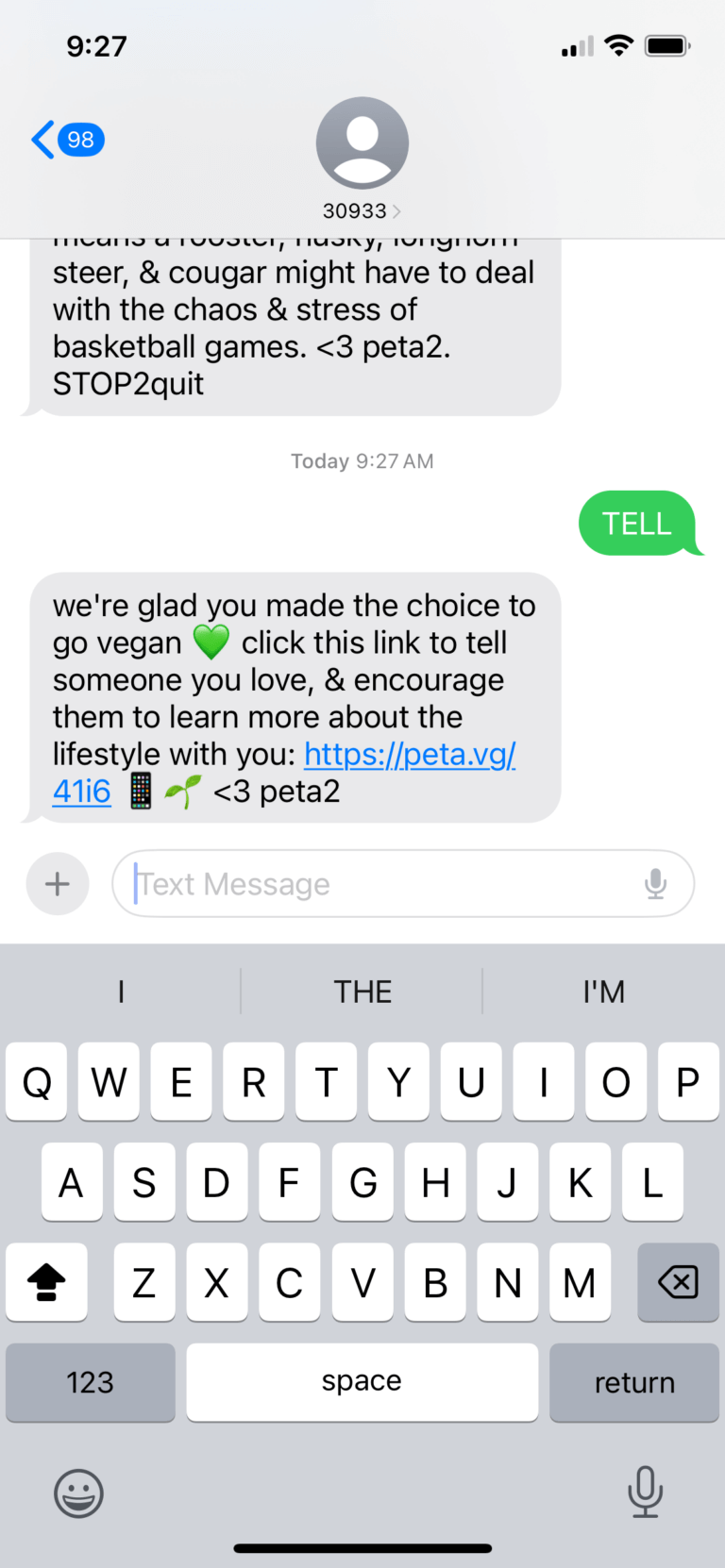 mission: text tell to 30933 | peta2