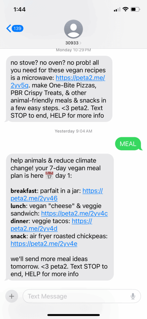 mission: text meal to 30933 for vegan meal ideas | peta2